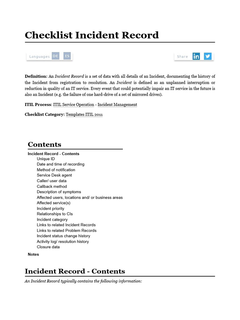Checklist Incident Record | PDF | It Service Management | Information
