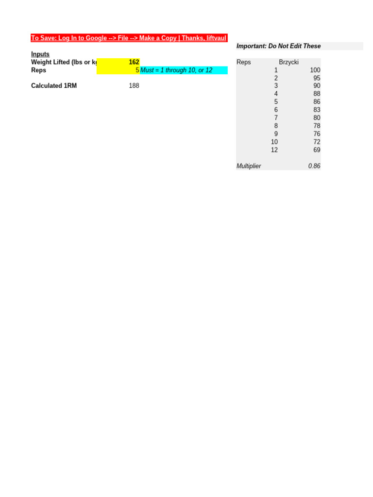 1 Rep Max Calculator Spreadsheet | PDF