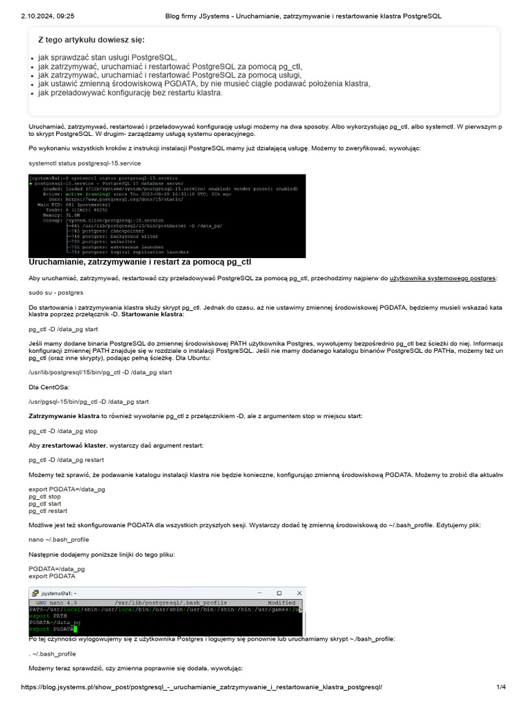 Uruchamianie, zatrzymywanie i restartowanie klastra PostgreSQL | PDF