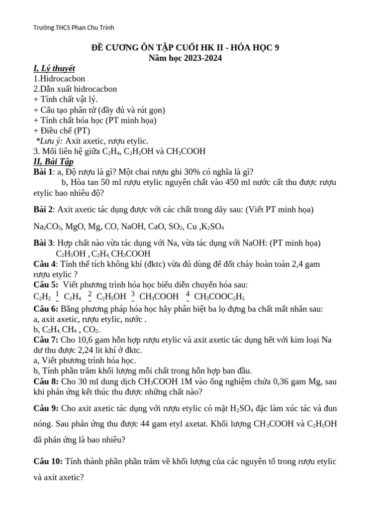 ĐỀ CƯƠNG ÔN TẬP CUỐI HKII HÓA 9 | PDF