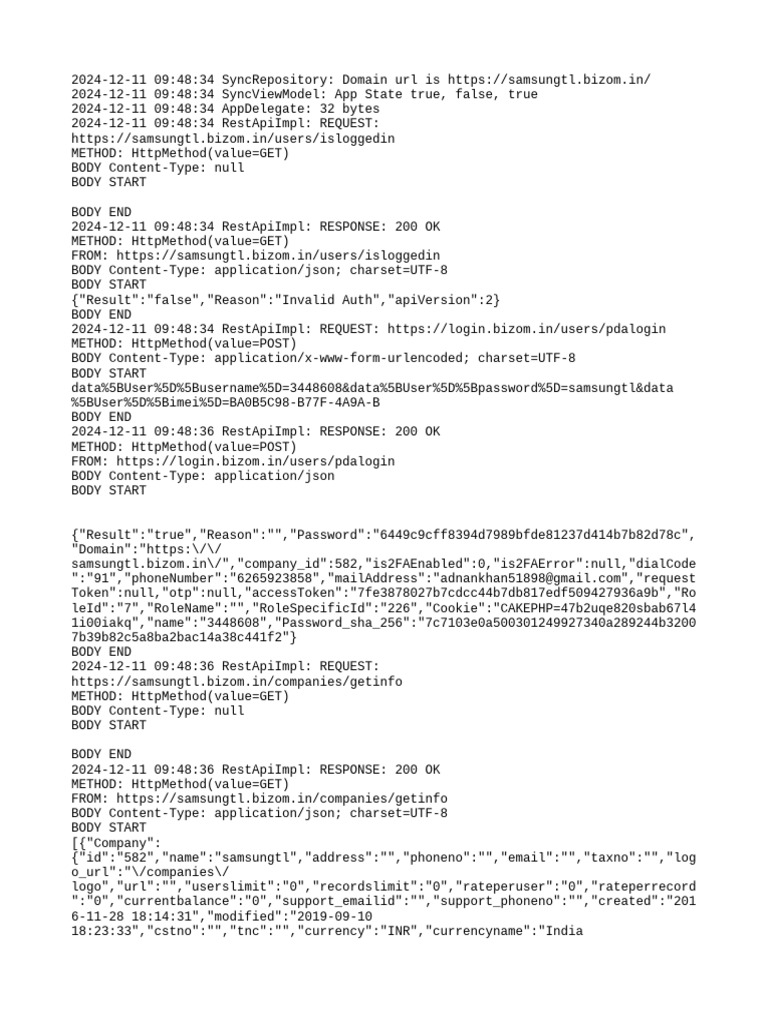 Bizom API Login and Company Info Logs | PDF | Inventory