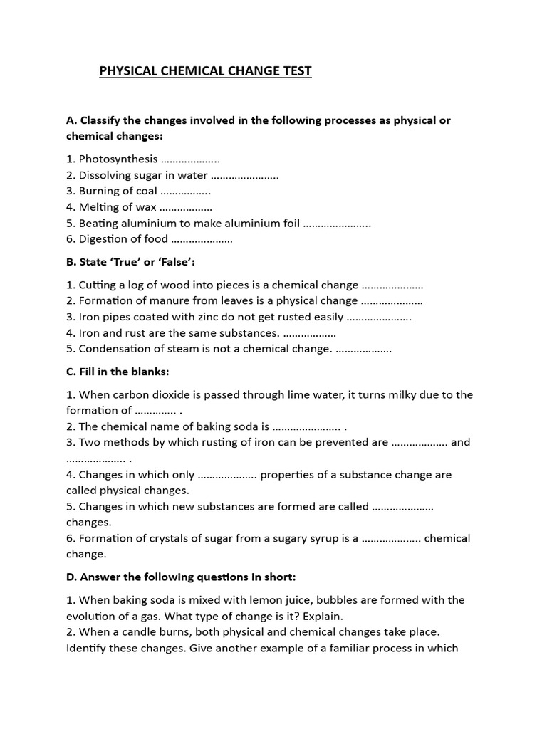 Physical Chemical Change Test | PDF | Metals | Chemical Substances