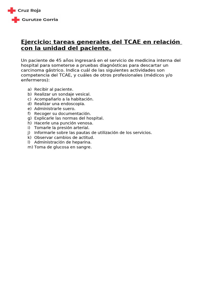 Ejercicio Tareas a realizar por el TCAE | PDF