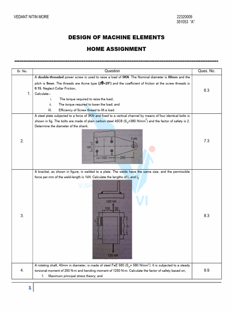DME HOME ASSIGNMENT, LIST OF QUESTIONS, VEDANT NITIN MORE, 22320009, 351053 | PDF | Strength Of ...