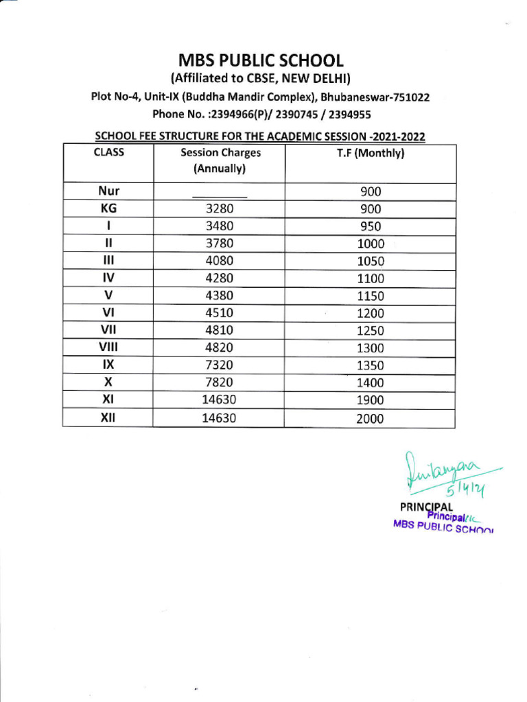 MBS Public School Fee Structure 2021-22 | PDF
