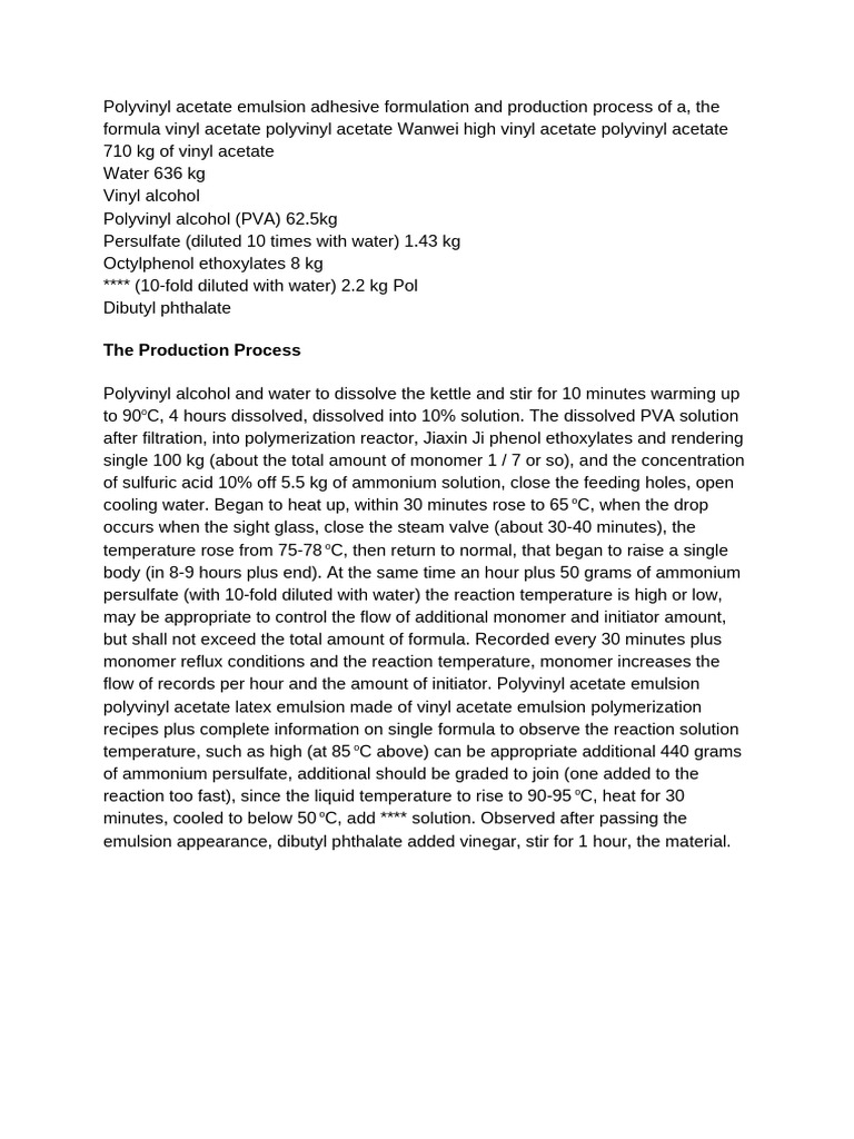 Polyvinyl Acetate Emulsion Adhesive Formulation and Production Process | PDF