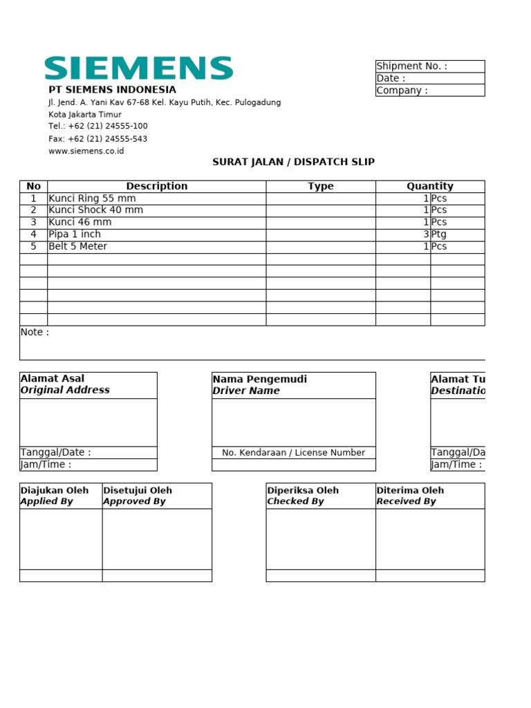Dispatch Slip Template Siemens | PDF