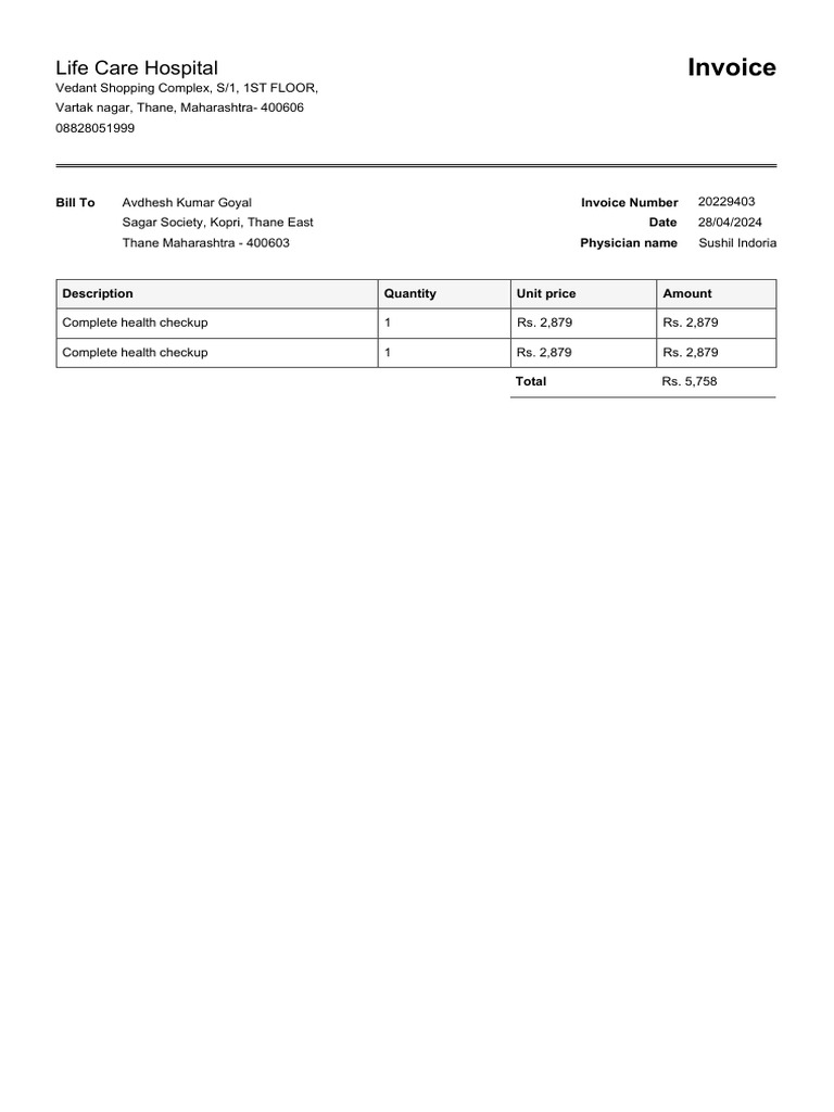 Health Checkup Invoice_Parents | PDF