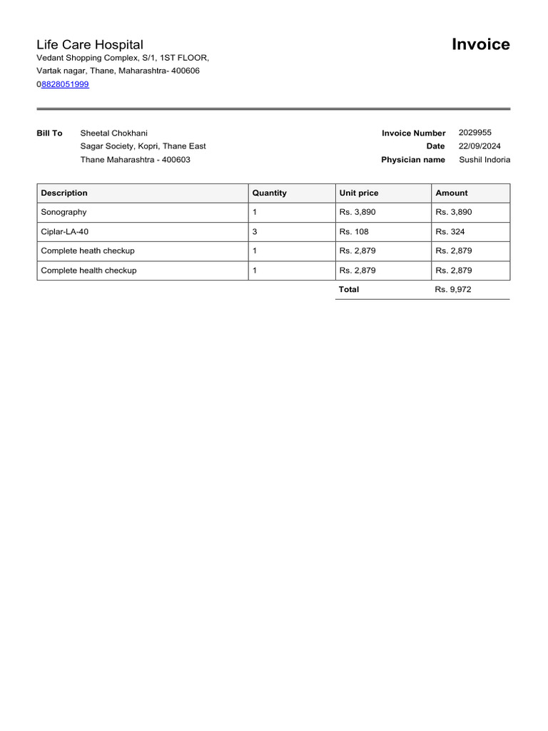Health Checkup Invoice - Self | PDF
