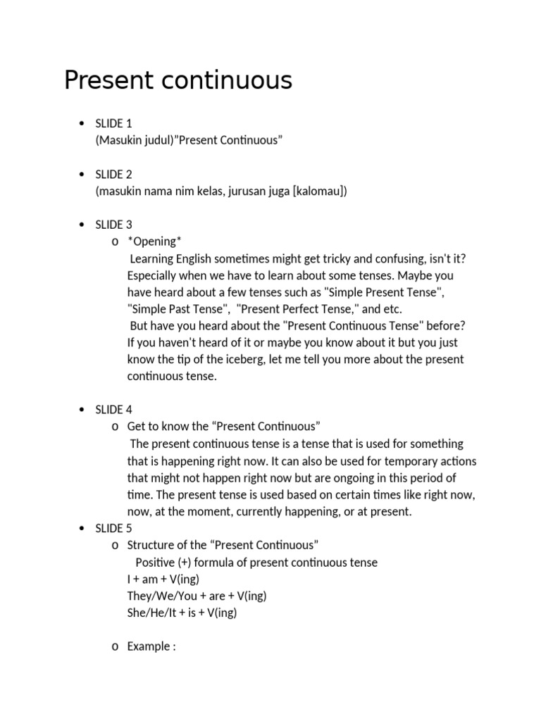Present continuous presentation | PDF | Grammatical Tense | Linguistics