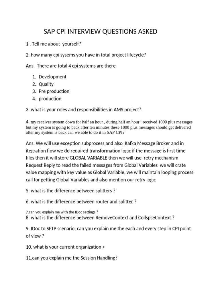 SAP CPI INTERVIEW QUESTIONS ASKED in Interviews | PDF | Computer ...