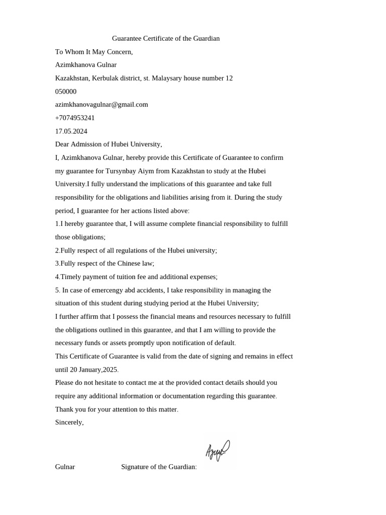 Guarantee Certificate for Student Admission | PDF