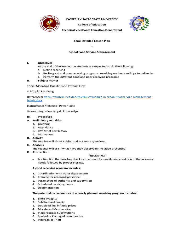 Lesson Plan in School Food Service 023631 | PDF