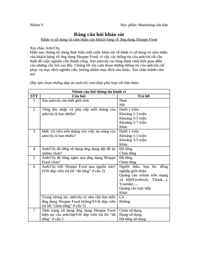 Nhóm 9 Bảng câu hỏi MKT | PDF