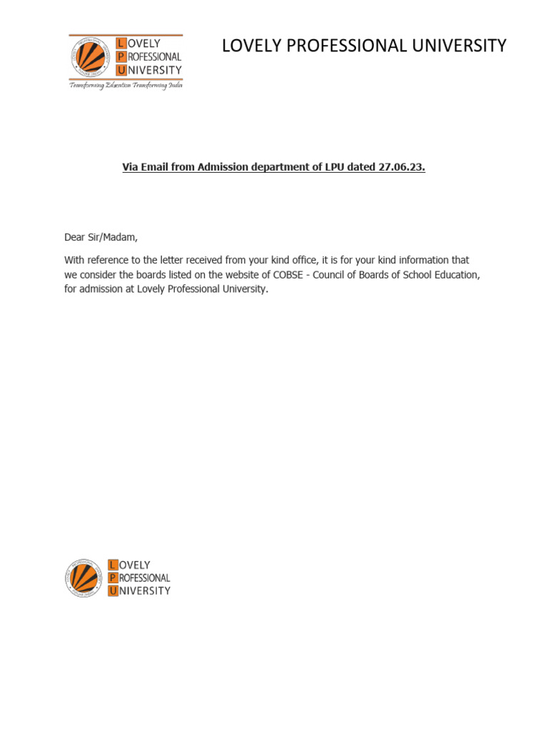 LPU Admission Criteria for COBSE Boards | PDF