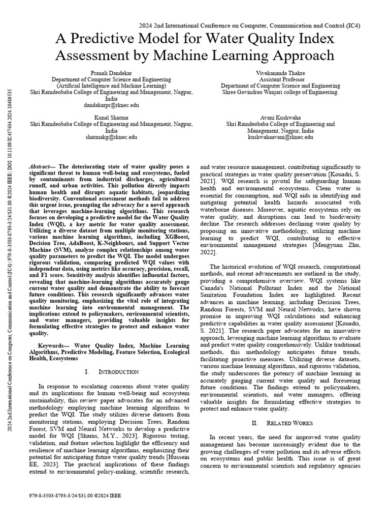 A Predictive Model For Water Quality Index Assessment by Machine ...