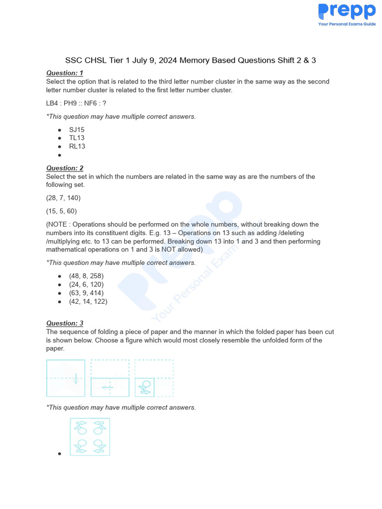 SSC CHSL Tier 1 July 9 2024 Memory Based Questions Shift 2-3 | PDF ...