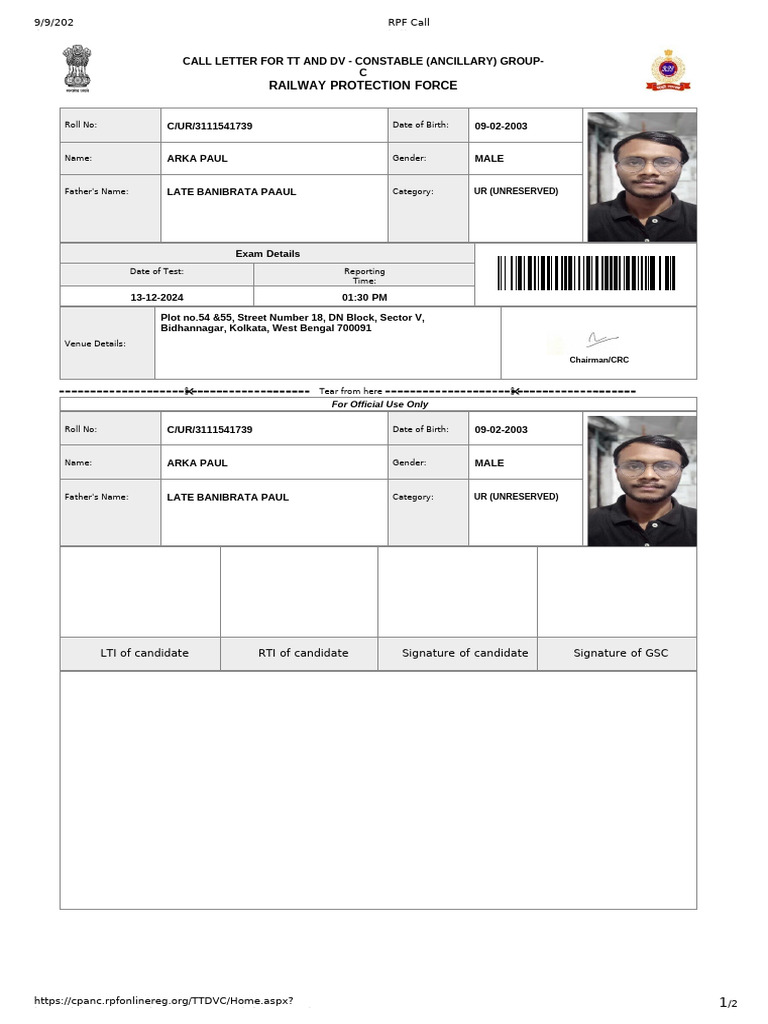 ARKA PAUL RPF Call Letter | PDF | Authentication