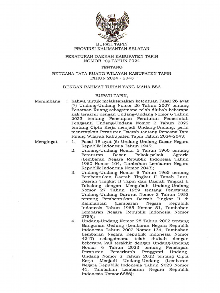 Perda No - 09 Tahun 2024 TTG RTRW Tapin | PDF