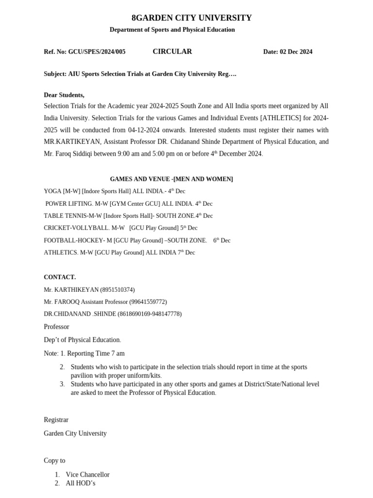 Circular AIU Selection Trials 2024 (2) Physical Education | PDF