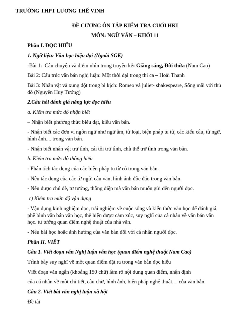 ĐỀ CƯƠNG ÔN TẬP KIỂM TRA CUỐI HKI - khối 11 | PDF