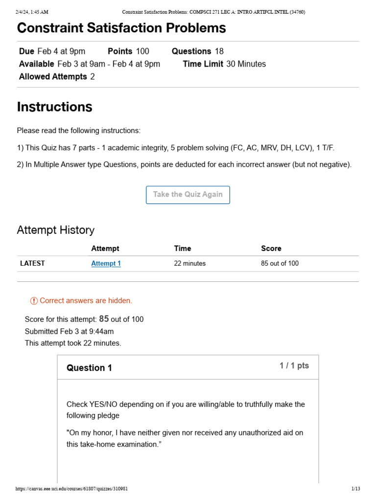 Constraint Satisfaction Problems - COMPSCI 271 LEC A - INTRO ARTIFCL INTEL (34760) | PDF ...