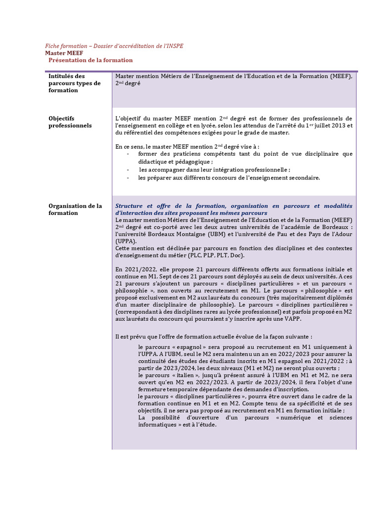 INSPE Bordeaux - ANNEXE 5 Fiche Formation MEEF 2nd Degré | PDF | Pédagogie | Enseignement