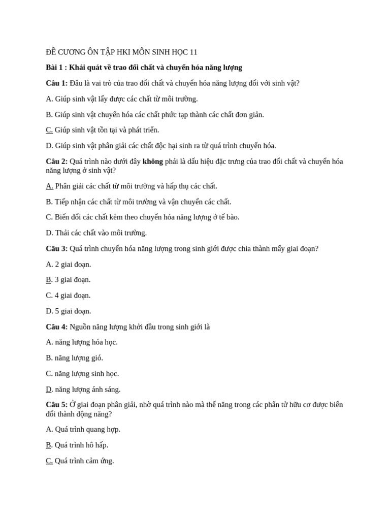 ĐỀ CƯƠNG ÔN TẬP HKI MÔN SINH HỌC 11 (1) | PDF