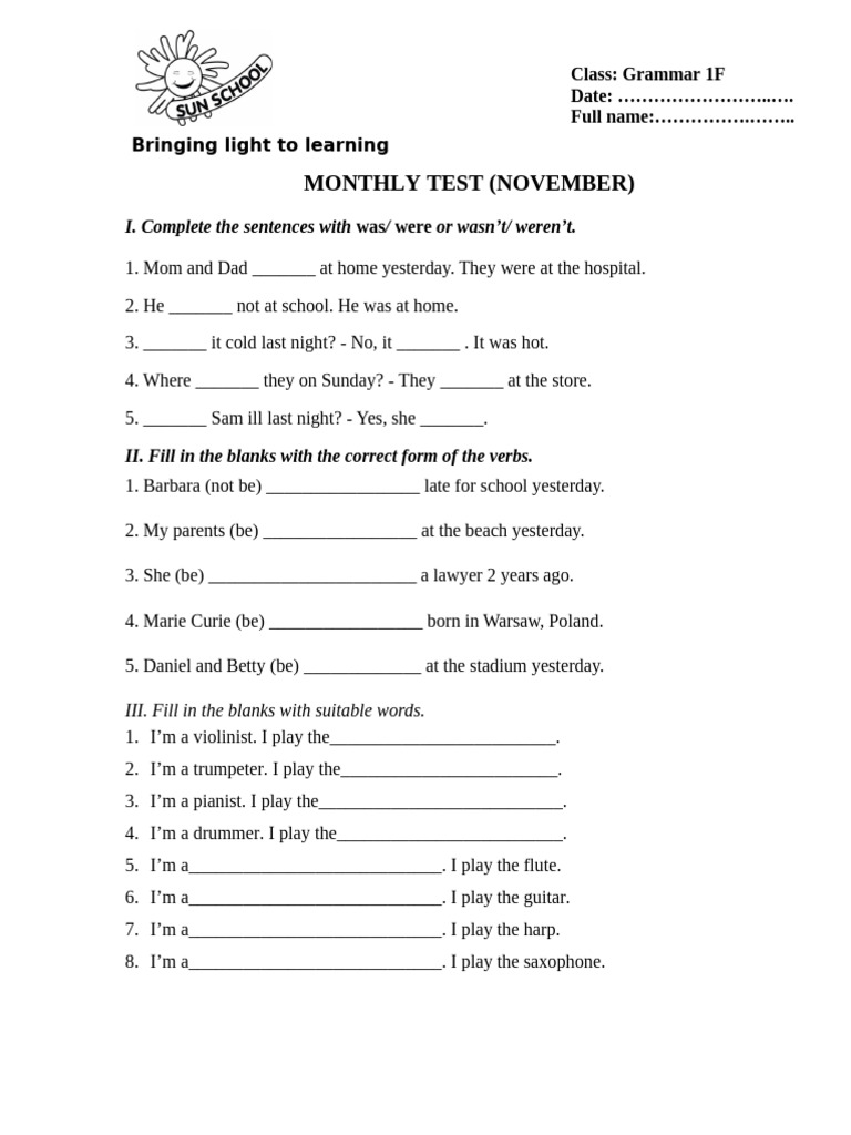 Monthly Test November Grammar 1F | PDF