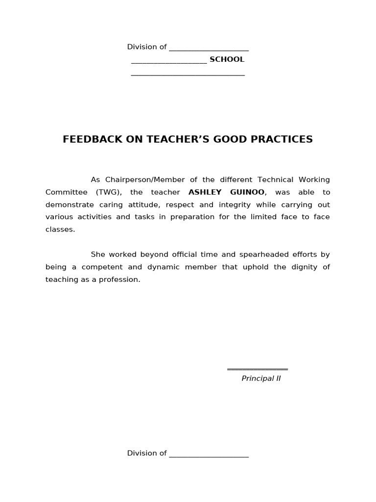 Feedback on Teacher Ashley Guinoo | PDF | Teachers | Mentorship