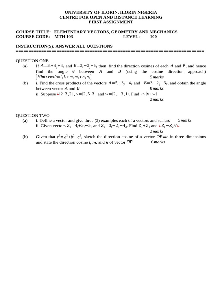 MTH 103 First Assignment | PDF