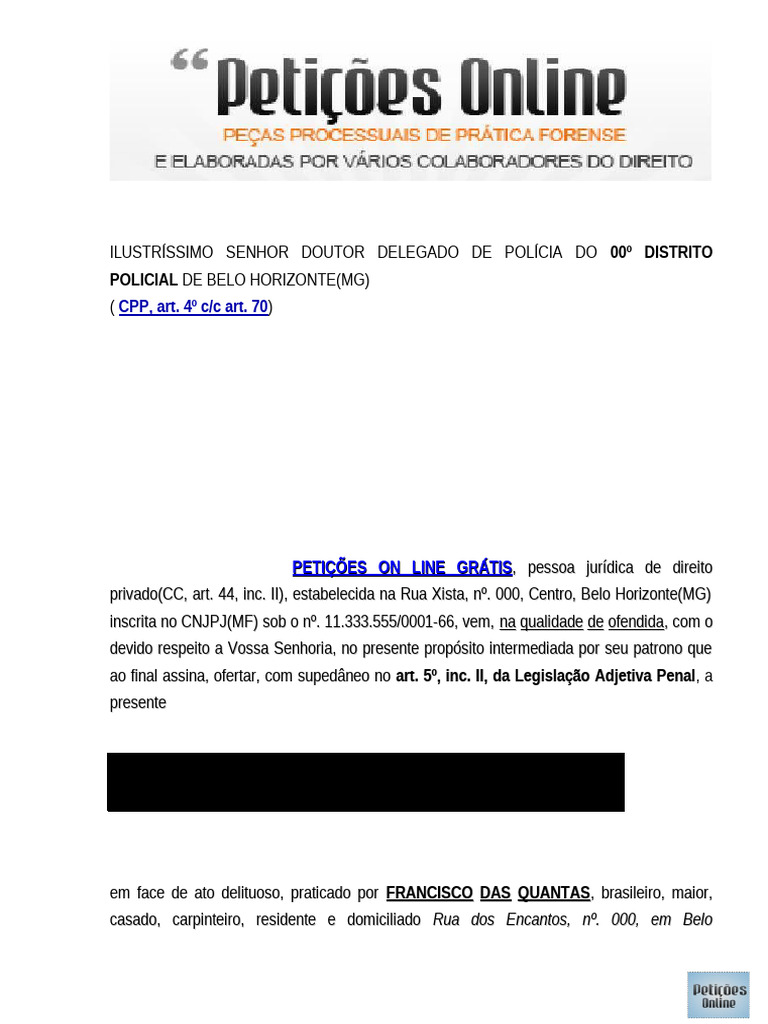 Modelo Noticia Criminis Estelionato Cheque Sustado Peticoes Online ...