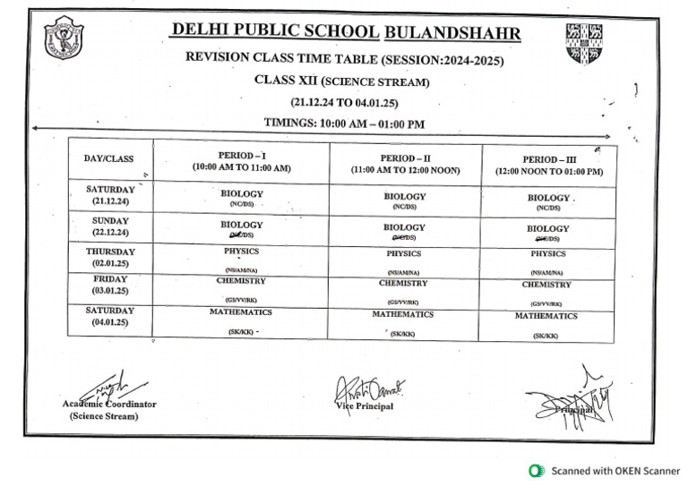 Revised Revision Class Time Table - XII (Science Stream) | PDF