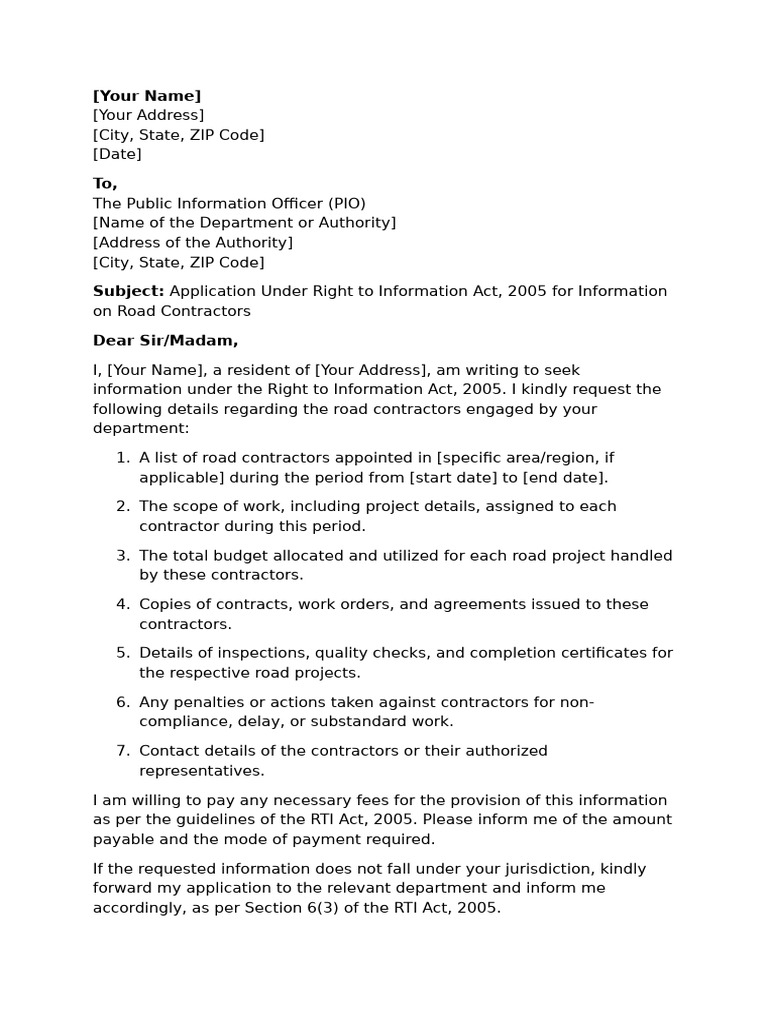 Letter To RTI For Road Contractor Information | PDF