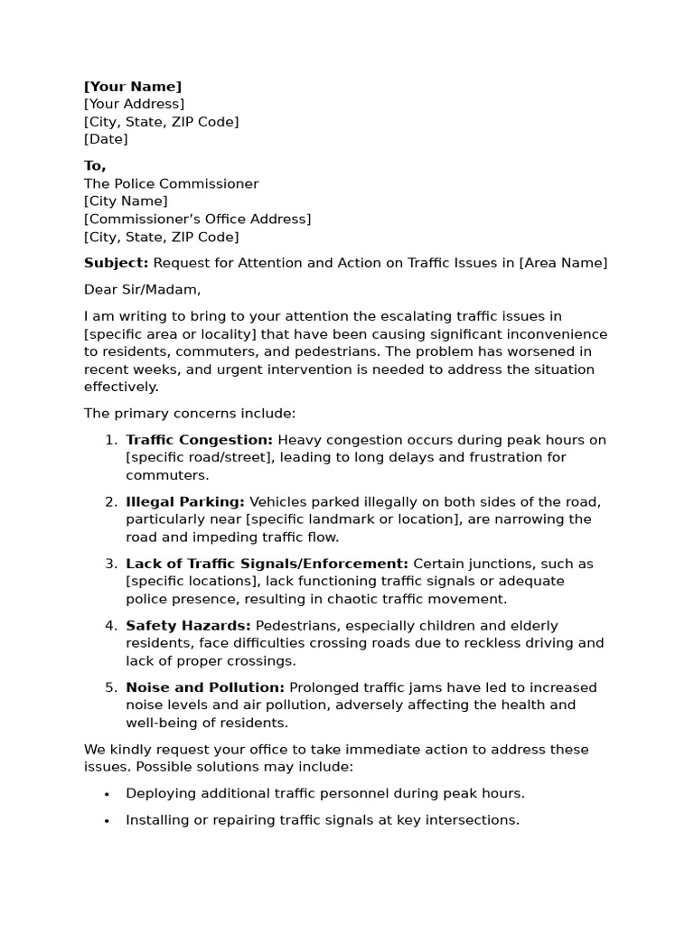 Letter To Police Commisioner Regarding Traffic | PDF