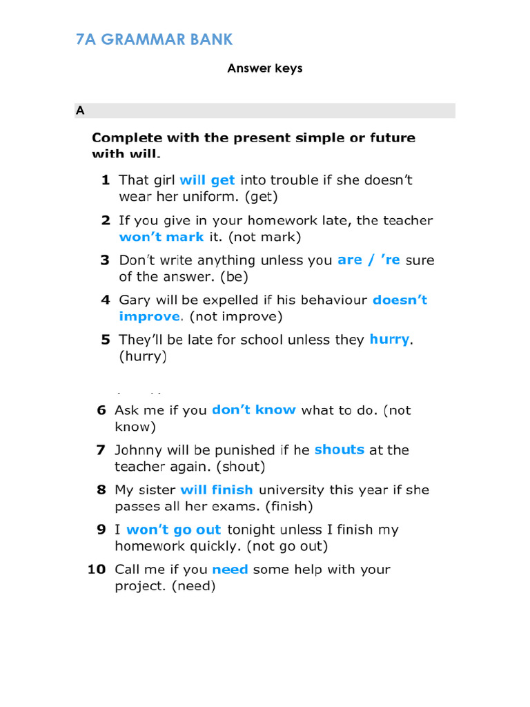 7a Grammar Bank Answer Keys | PDF