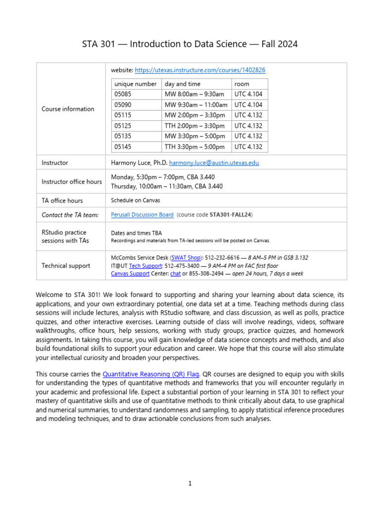 Sta301 Fa24 Syllabus Hluce | PDF | Statistics | Regression Analysis