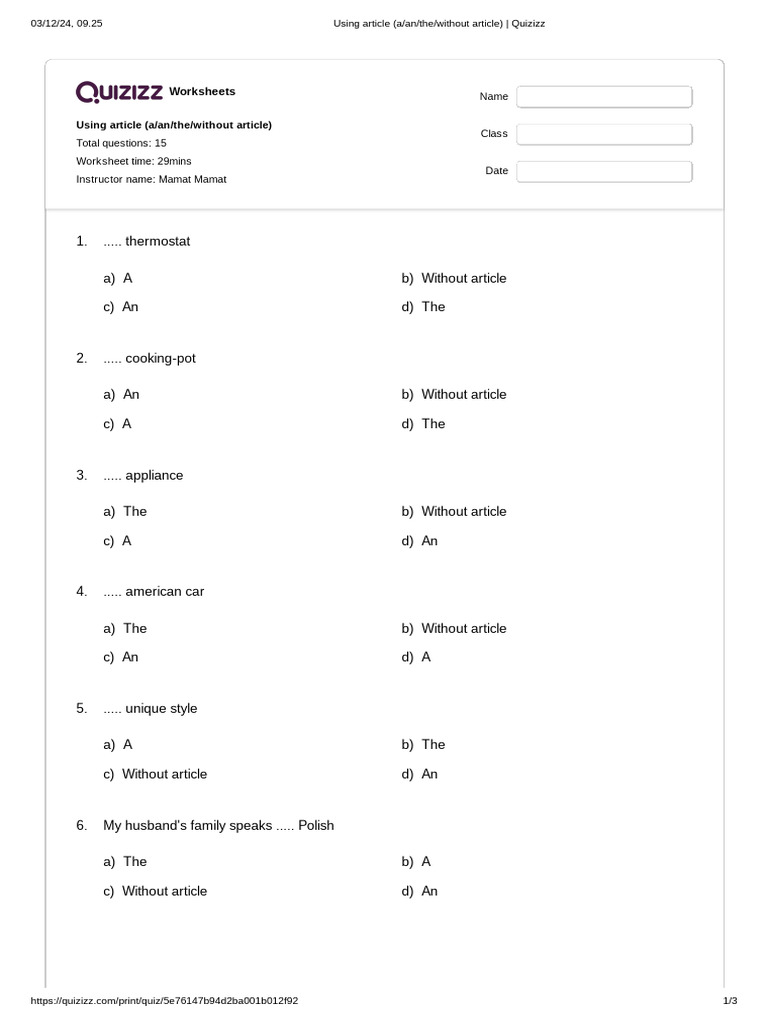 Using Article (A - An - The - Without Article) - Quizizz | PDF | Food ...