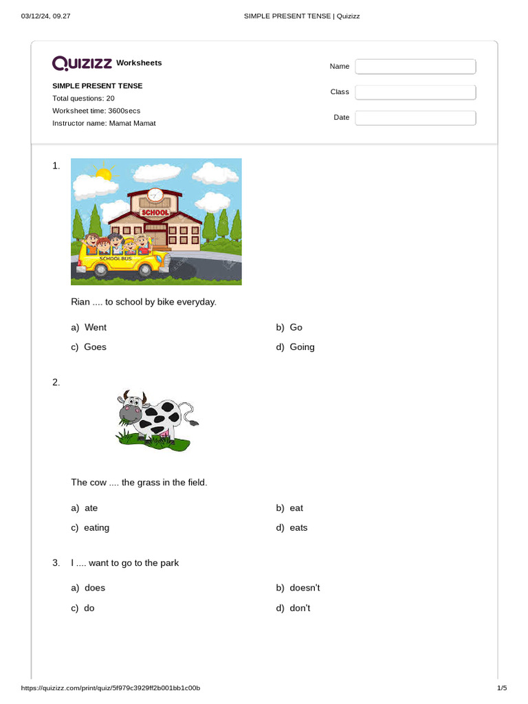 SIMPLE PRESENT TENSE - Quizizz | PDF | Linguistic Typology | Syntax