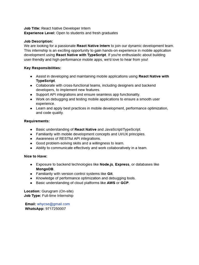 React Native Developer Intern | PDF