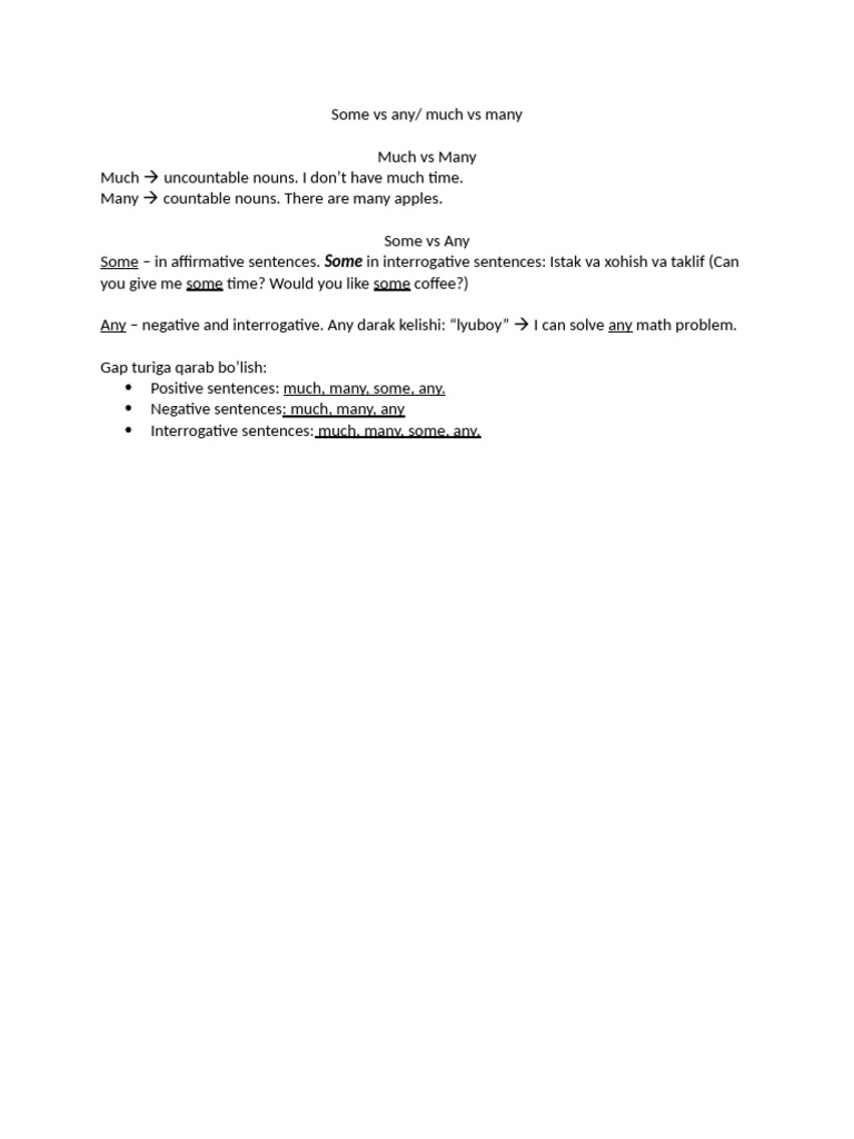 Understanding Much, Many, Some, Any | PDF