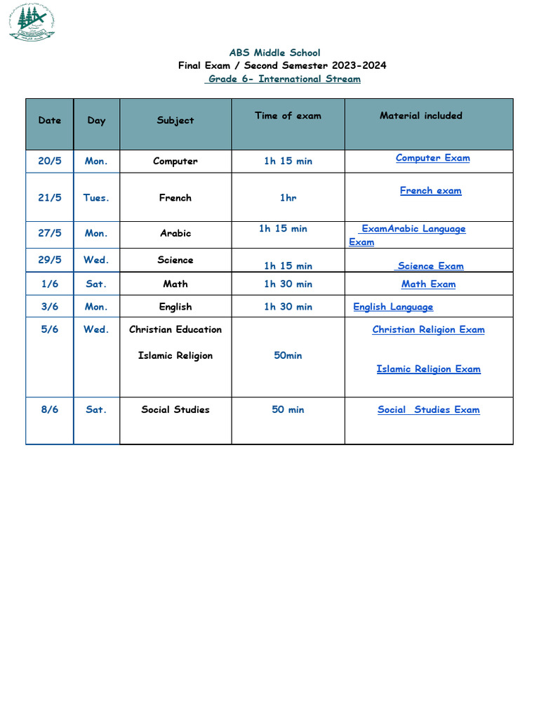 Grade 6 Exam Schedule 2023-2024 | PDF