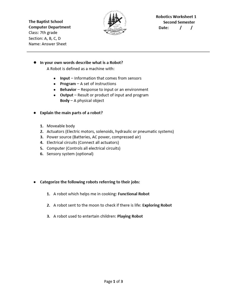 Robotics Worksheet for 7th Grade | PDF | Robot | Robotics