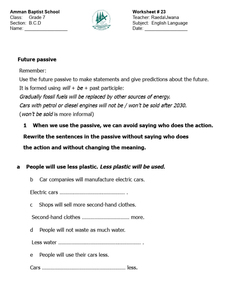 Grammar Future Passive Worksheets - # 23 | PDF | Car | Diesel Fuel