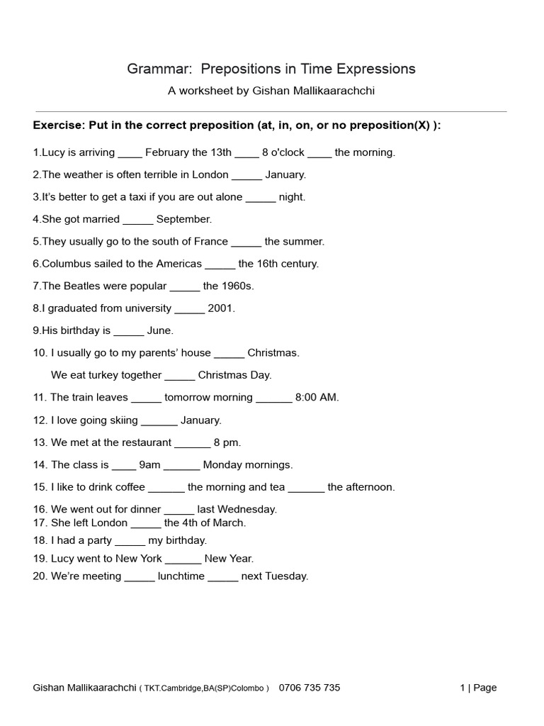 L2 Worksheet - Prepositions in Time Expressions | PDF