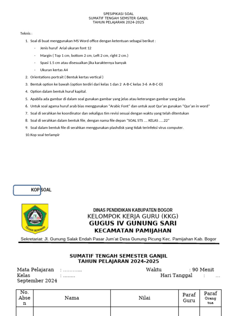 Spesipikasi Penyusunan Soal STS Ganjil 2024 | PDF