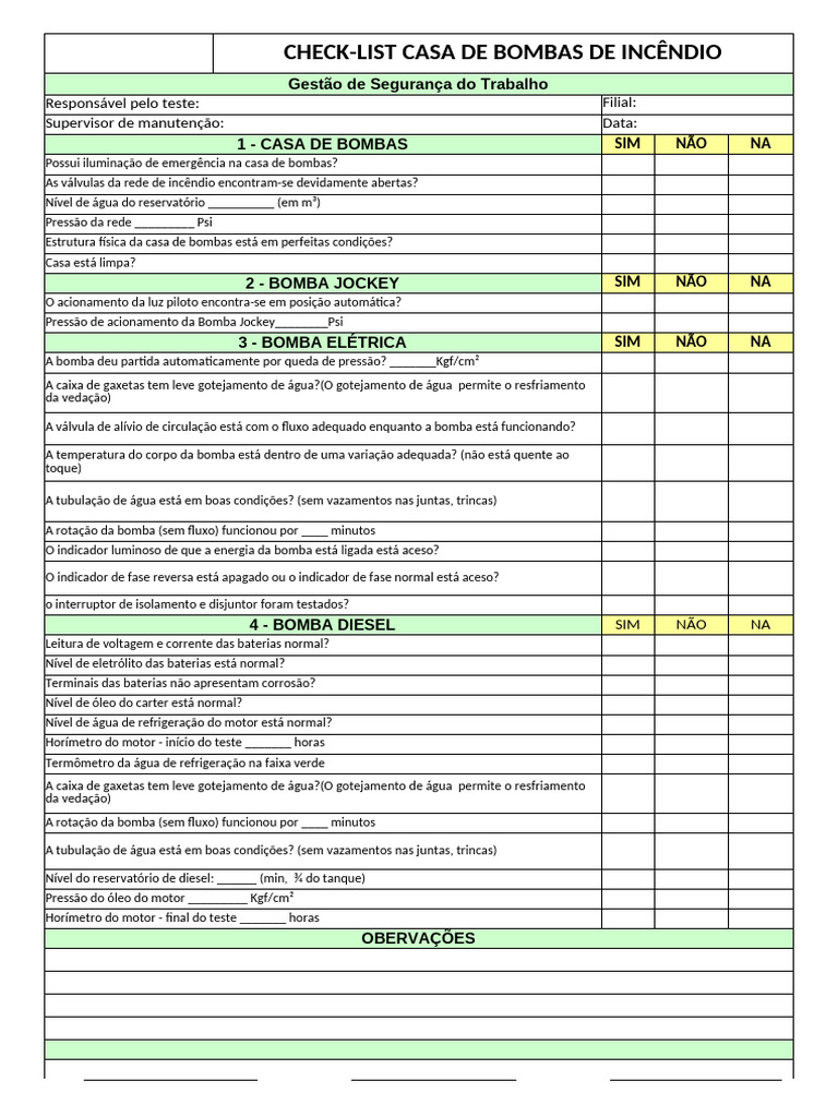 Check-list Casa de Bombas de Incêndio | PDF | Bomba | Motores