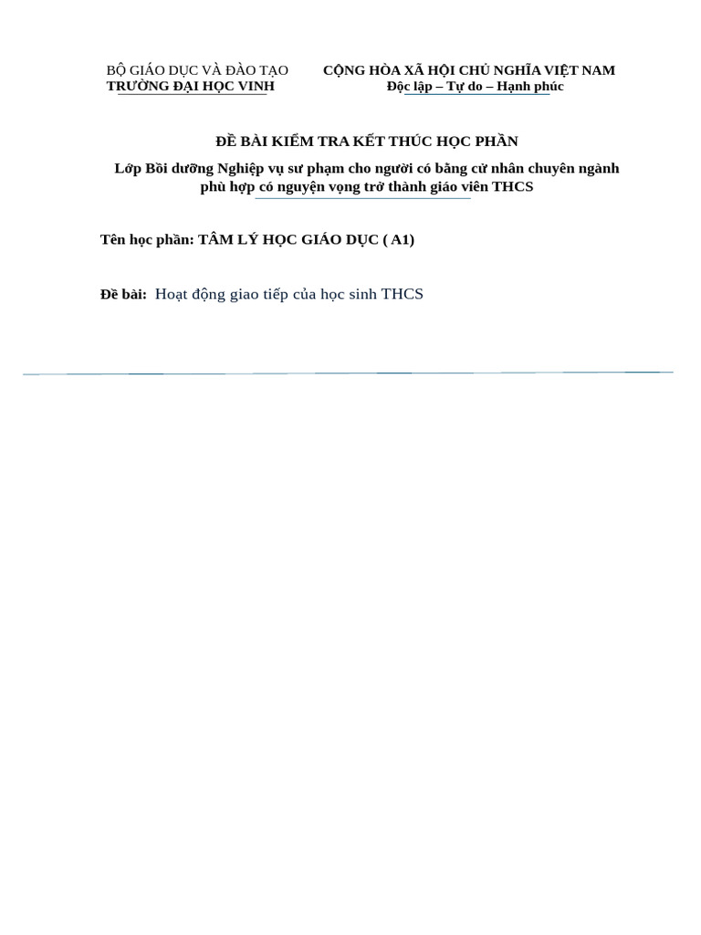 Đề bài tiểu luận A1. Tâm lý học giáo dục - THCS | PDF