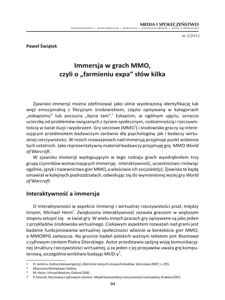 Immersja W Grach MMO | PDF