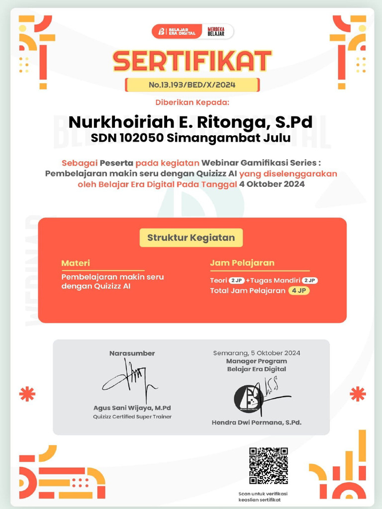 Sertifikat Nurkhoiriah TGL 4 Okt | PDF